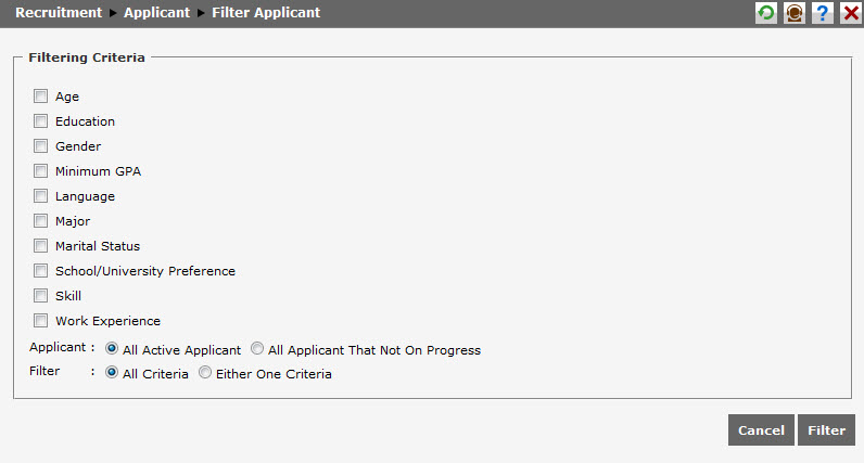 icon beside PDF icon to display Applicant Filter page as shown below.