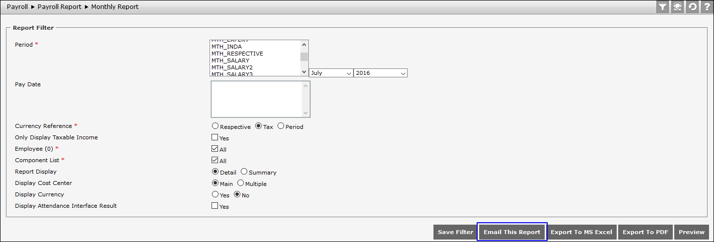 pada halaman utama laporan. Contoh: Apabila pada menu Payroll > Payroll ...