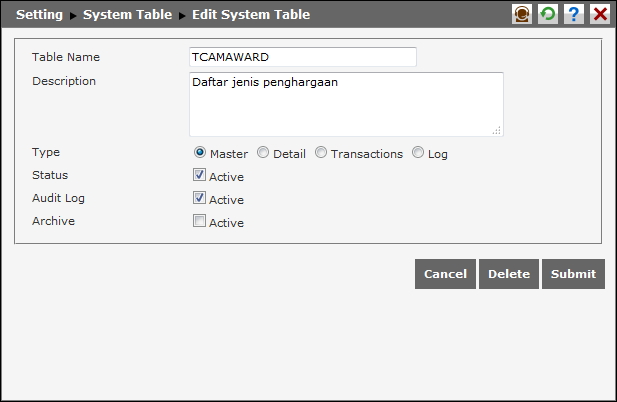Field pada halaman ubah tabel sistem dapat dijelaskan sebagai berikut: