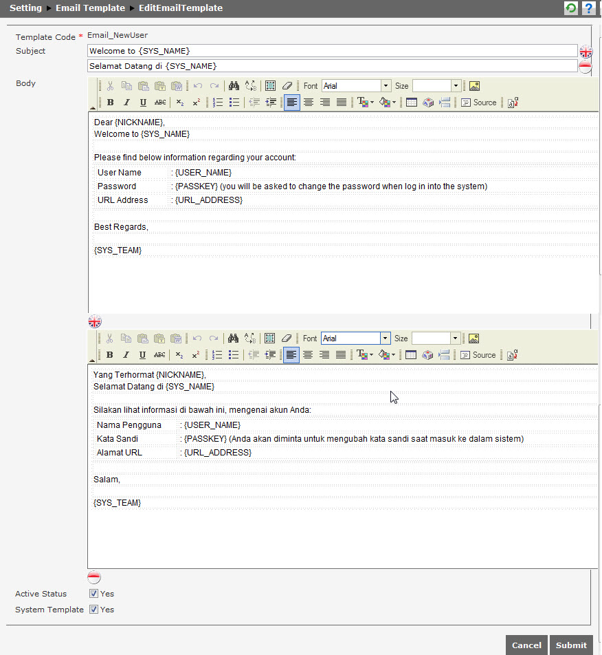 Follow these steps to edit email template.