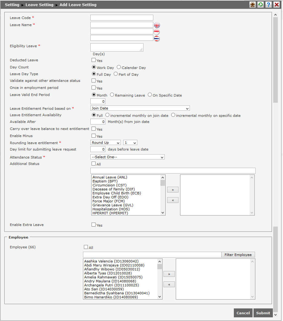To add leave type, go to Setting > Time & Attendance Setting > Leave ...