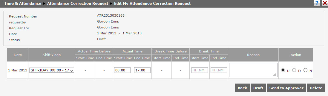 To edit attendance correction request, click one of the request numbers ...