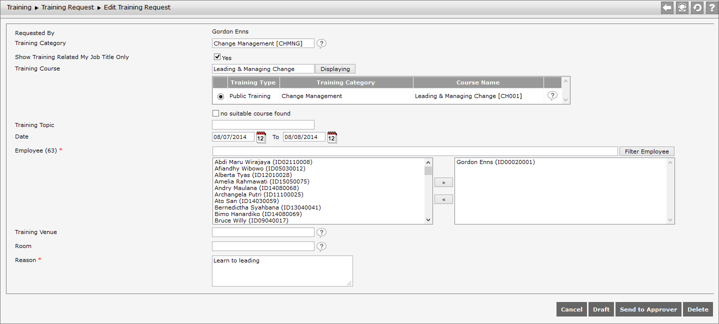 To edit training request, click request number and the following page ...
